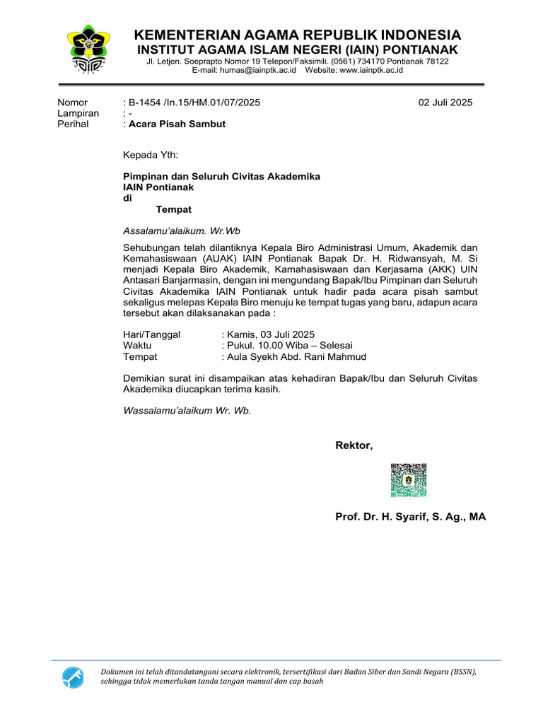 Surat Rektor - Acara Pisah Sambut Kabiro | PDF