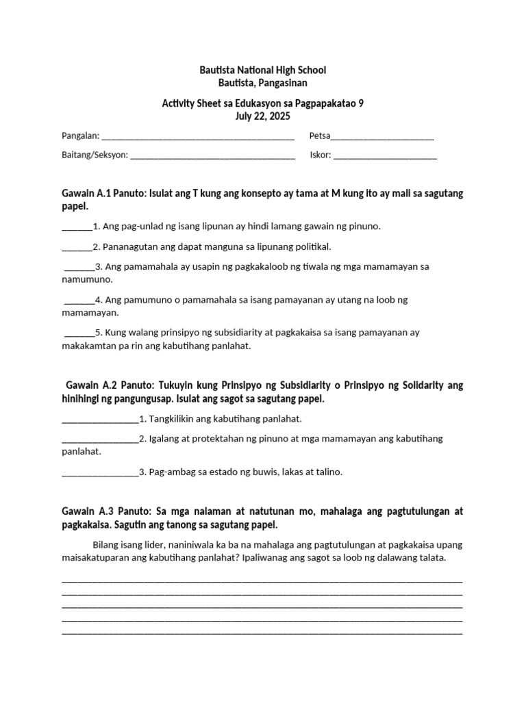 EsP 9 Activity Sheet July 22 | PDF