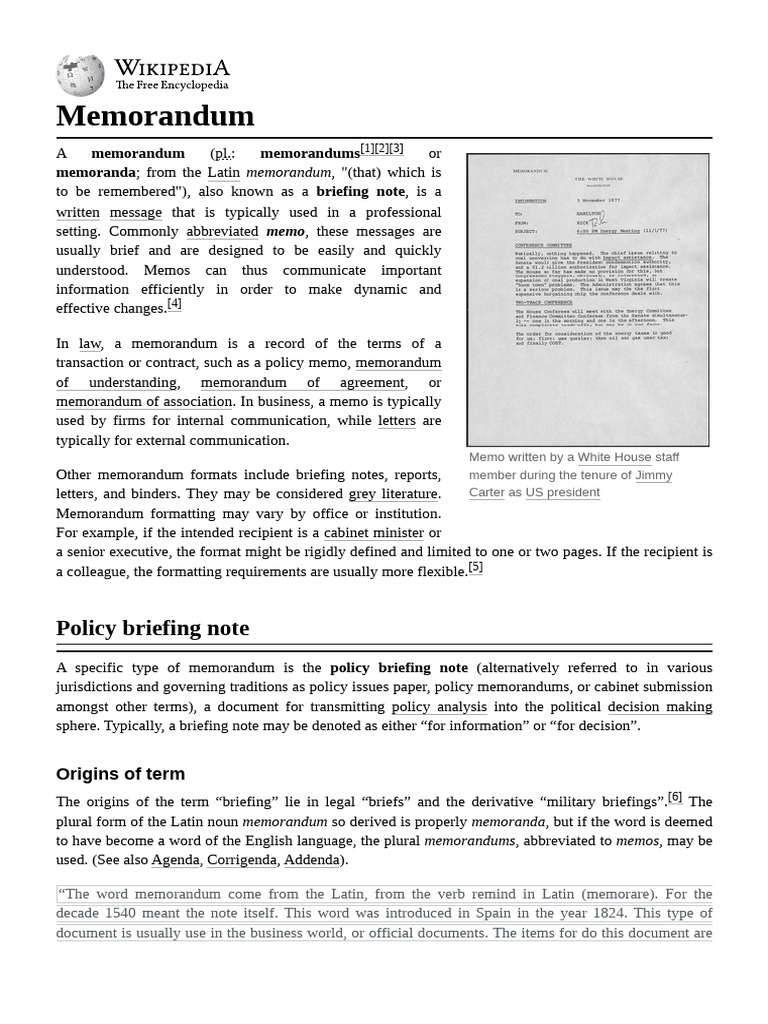 Memorandum Wikipedia PDF | PDF | Memorandum | Communication