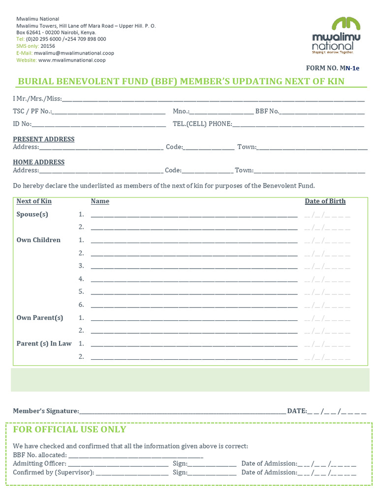 Burial Benevolent Fund BBF Members Update of Next of Kin Form - 2022 | PDF