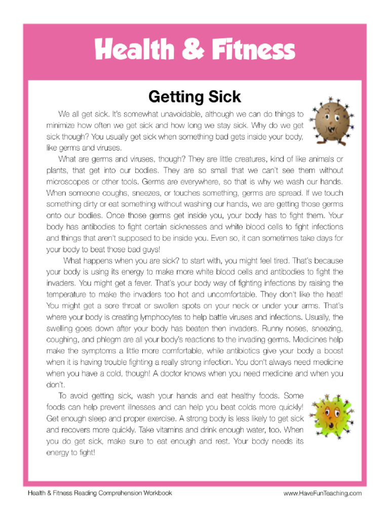 Getting Sick Health and Fitness Reading Comprehension Worksheet | PDF
