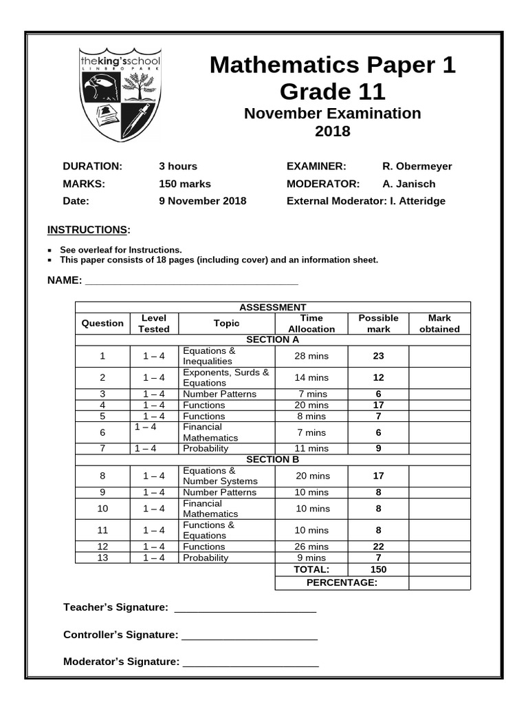 Grade 11 Maths Paper 1 November 2018 | PDF | Mathematical Analysis ...