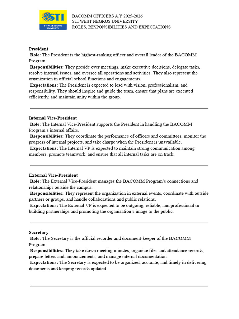 BACOMM Officers Roles & Expectations 2025-26 | PDF | Business