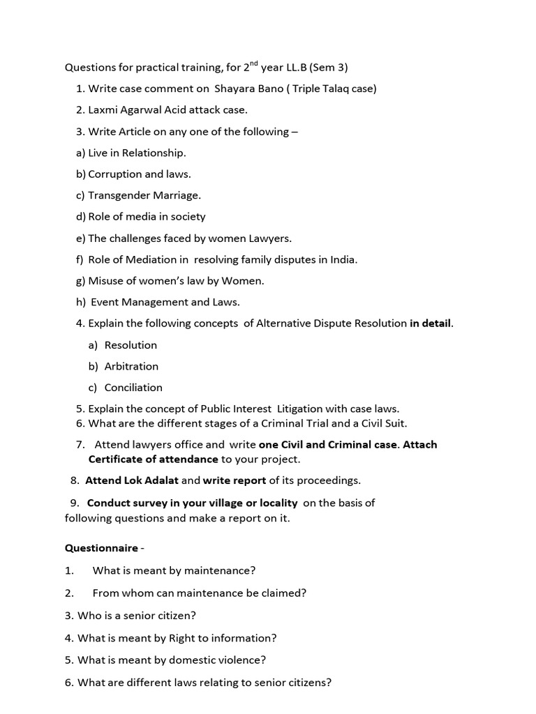 Practical Training Questions for 2nd LL.B | PDF