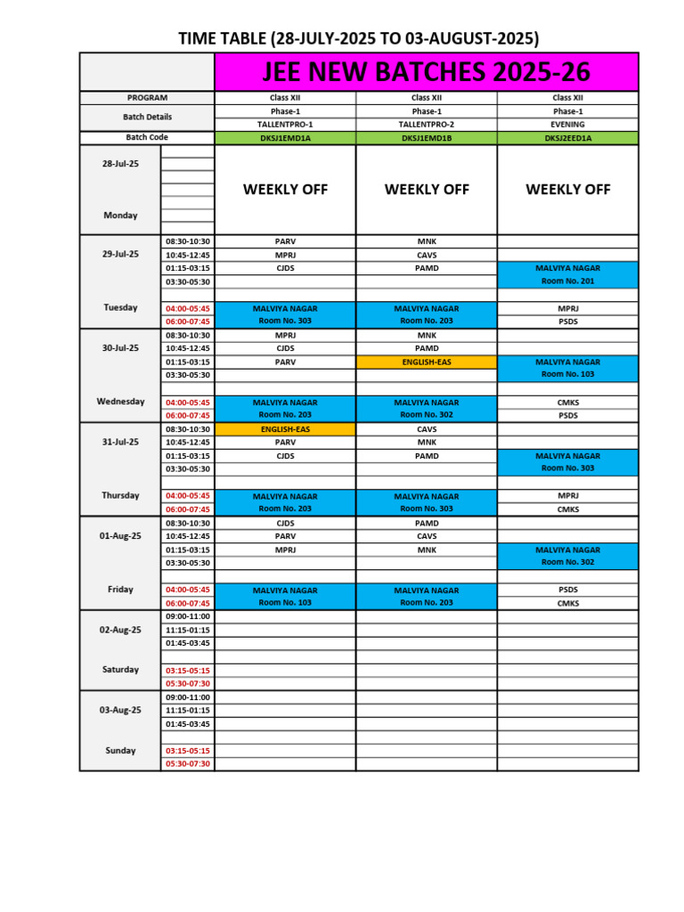Iit-Jee Time Table (28 July-03 August 2025) | PDF