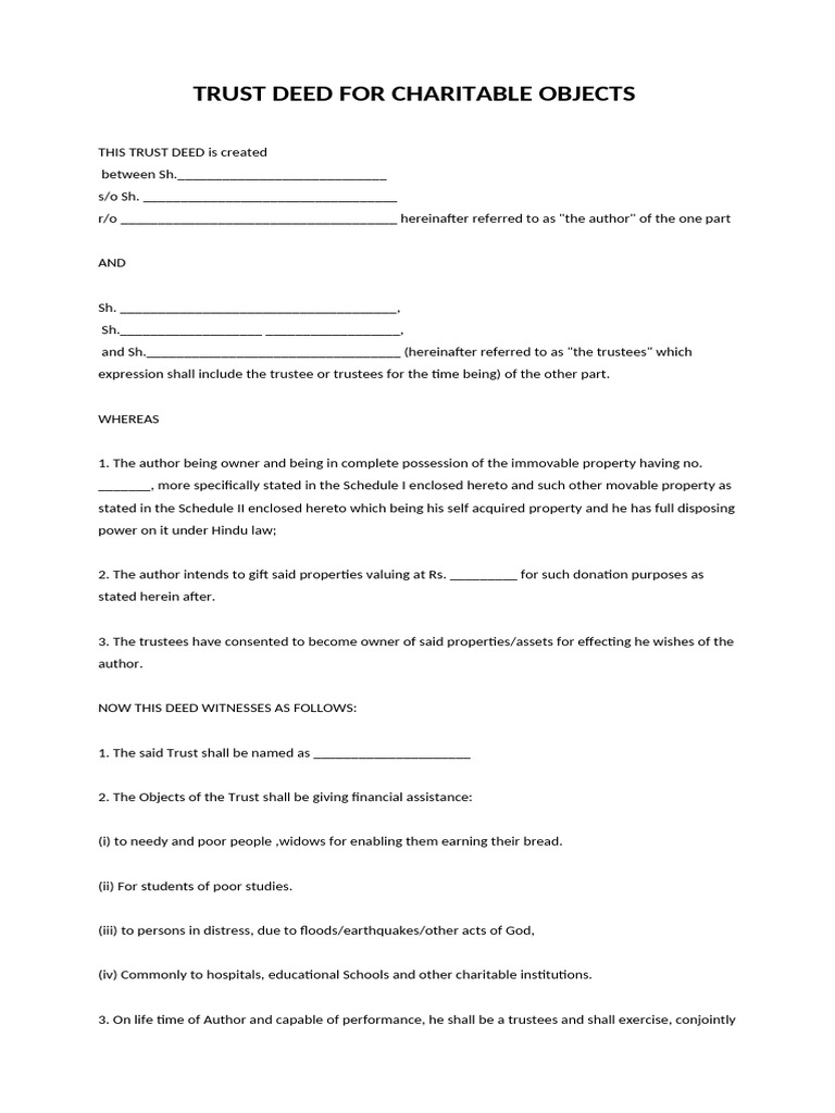 Trust Deed For Charitable Objects | PDF | Trustee | Legal Documents