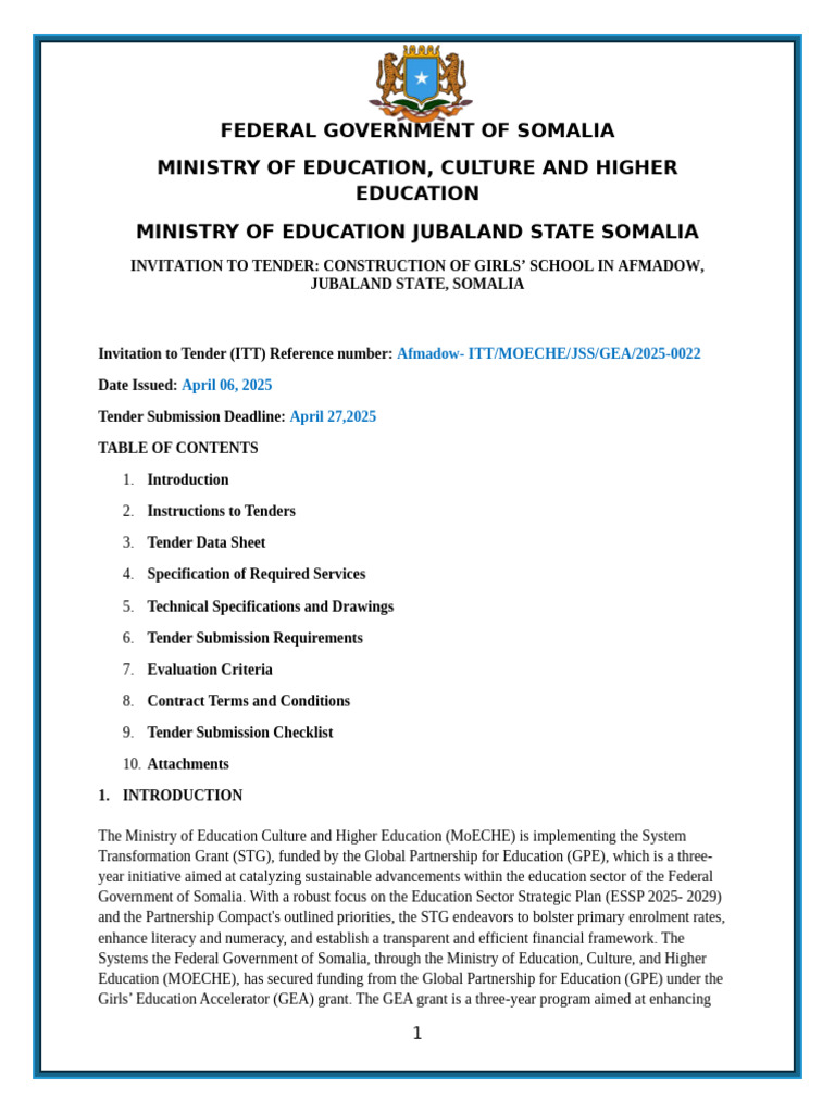 Final-Itt-Construction of Girls Schools in Afmadow Jubaland State | PDF ...