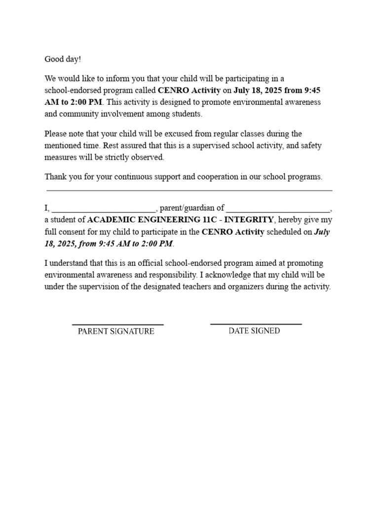 Cenro Activity - Parent Consent | PDF