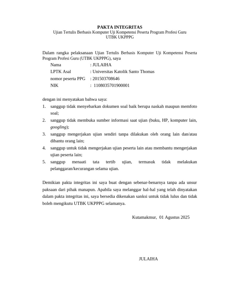 Fakta Integritas Utbk Julaiha | PDF