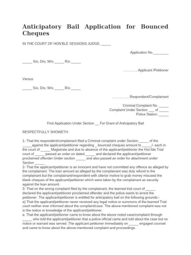Anticipatory Bail Application For Bounced Cheques | PDF | Bail | Misconduct