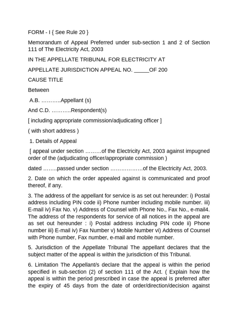 Memorandum of Appeal Preferred Under Sub-Section 1 and 2 of Section 111 ...