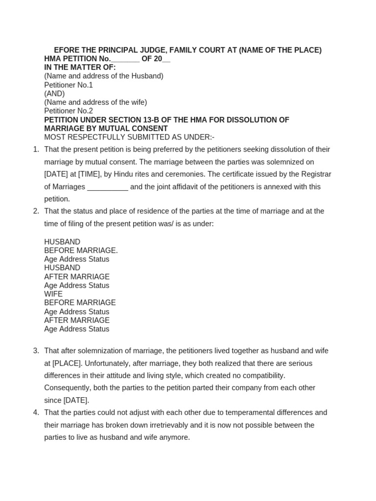 Mutual Consent Divorce Petition Format | PDF | Divorce | Alimony