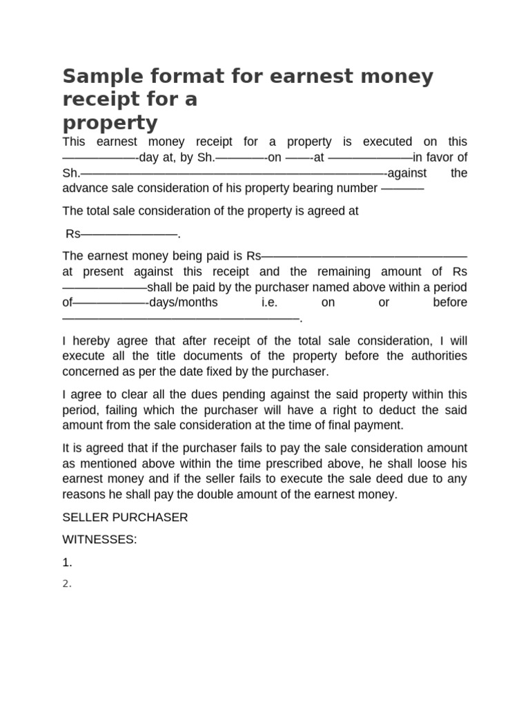 Sample Format For Earnest Money Receipt For A | PDF