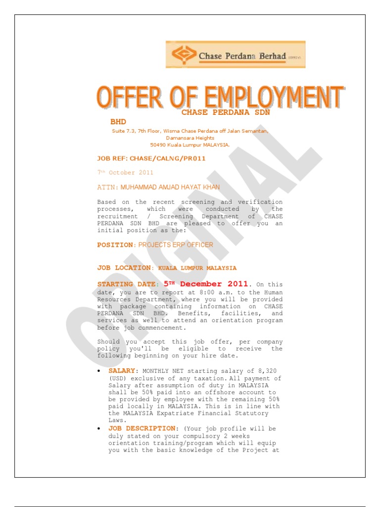 Offer of Appointment Letter Chase Perdana (Muhammad Amjad | PDF ...