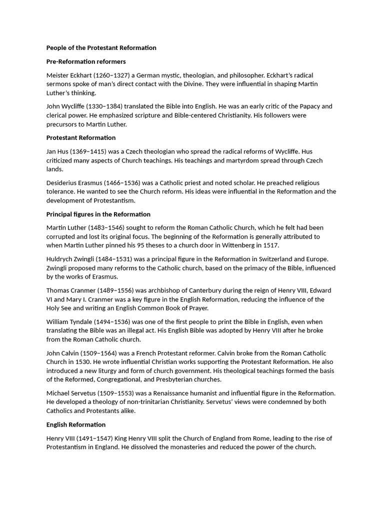 Key Figures of the Protestant Reformation | PDF | Protestantism ...