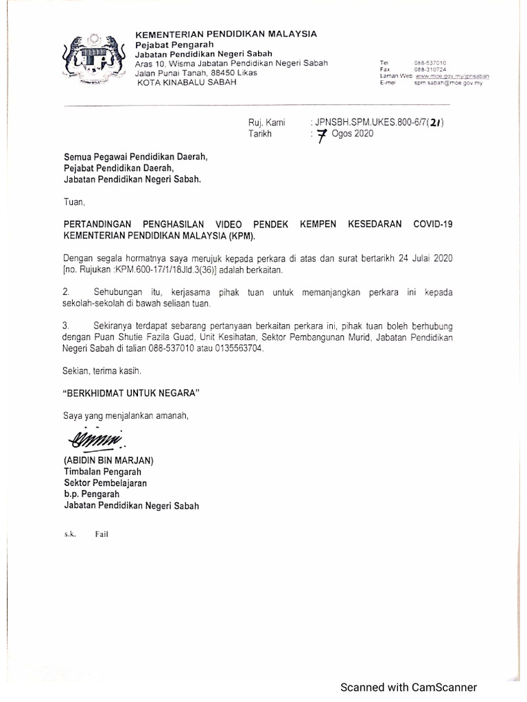 Surat Pemakluman Penyertaan Video Kesedaran Covid19 | PDF