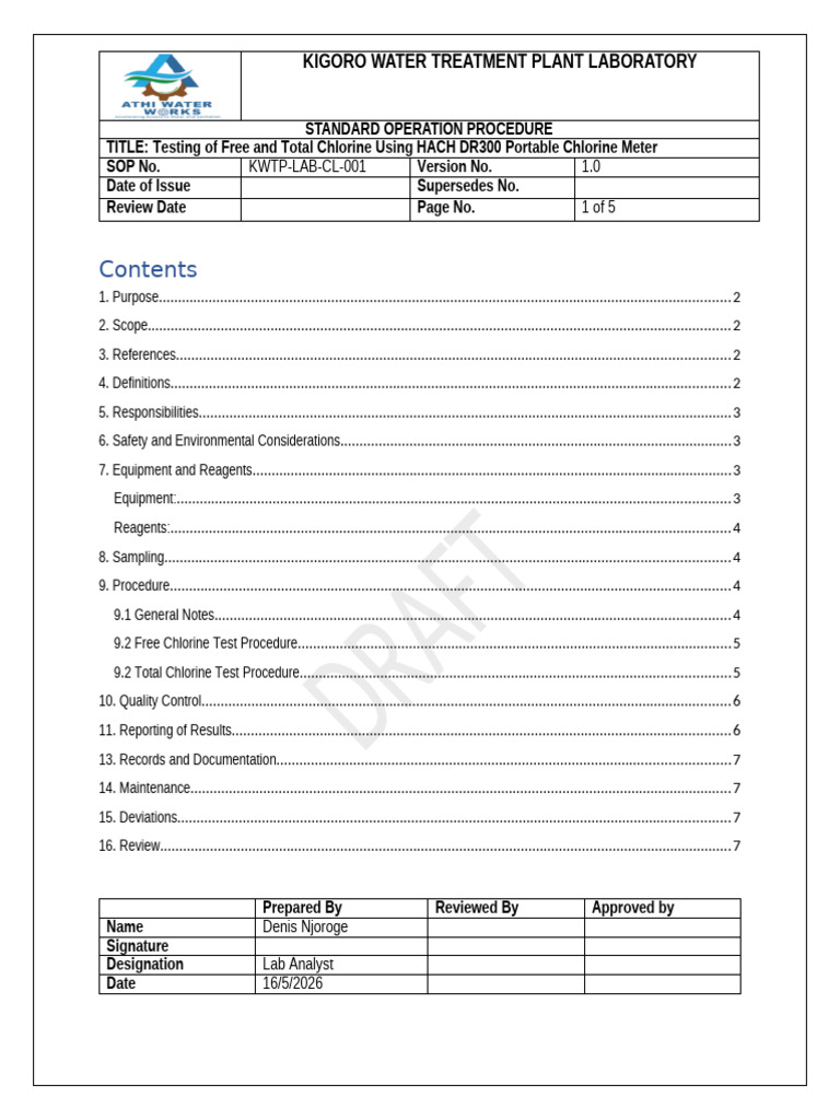 HACH Chlorine Testing SOP | PDF | Chlorine