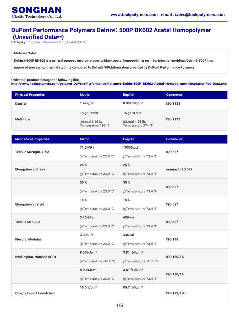 DuPont Performance Polymers Delrin 500P BK602 Acetal Homopolymer ...