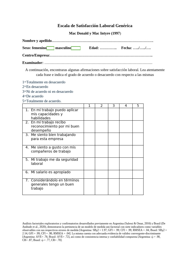 Escala de Satisfacción Laboral Genérica de Mac Donald y Mac Intyre-1 | PDF