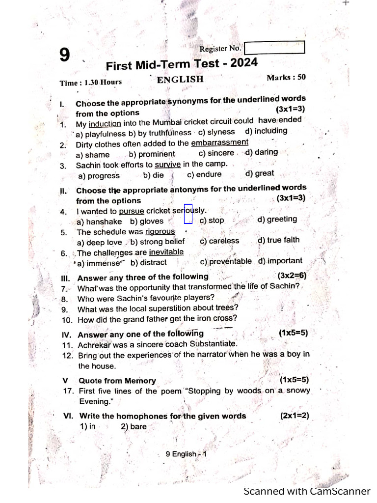 9th English 1st Mid Term Test 2024 Original Question Paper Tiruppur ...
