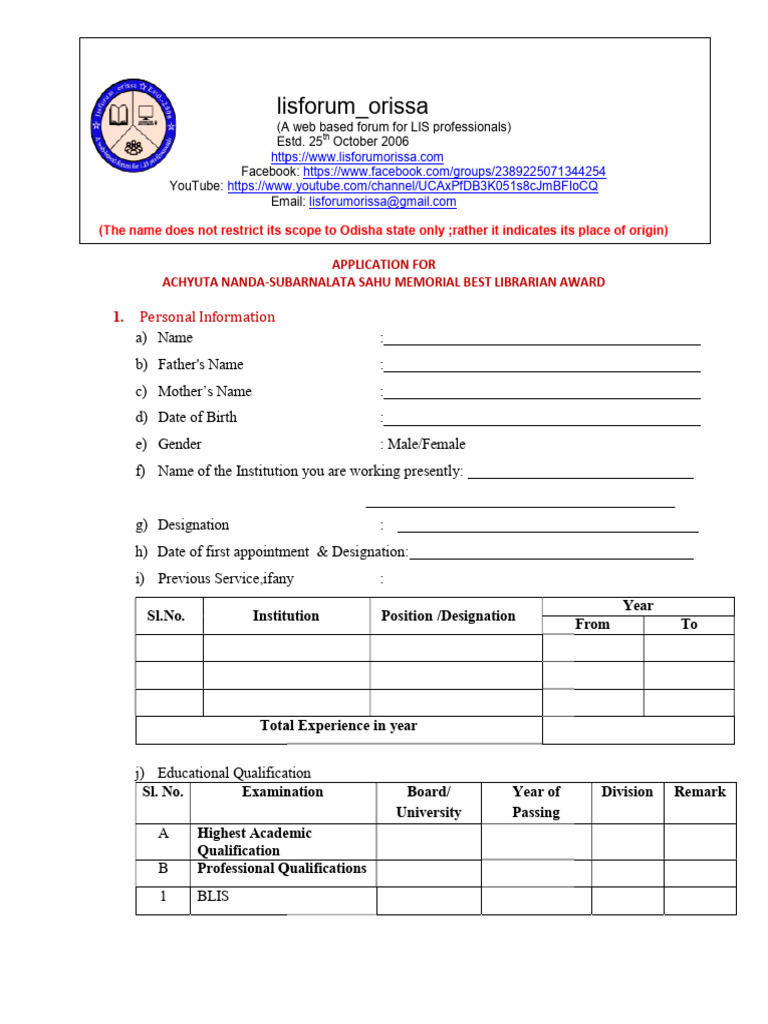 Best Librarian Award Application Form | PDF | Libraries | Information ...