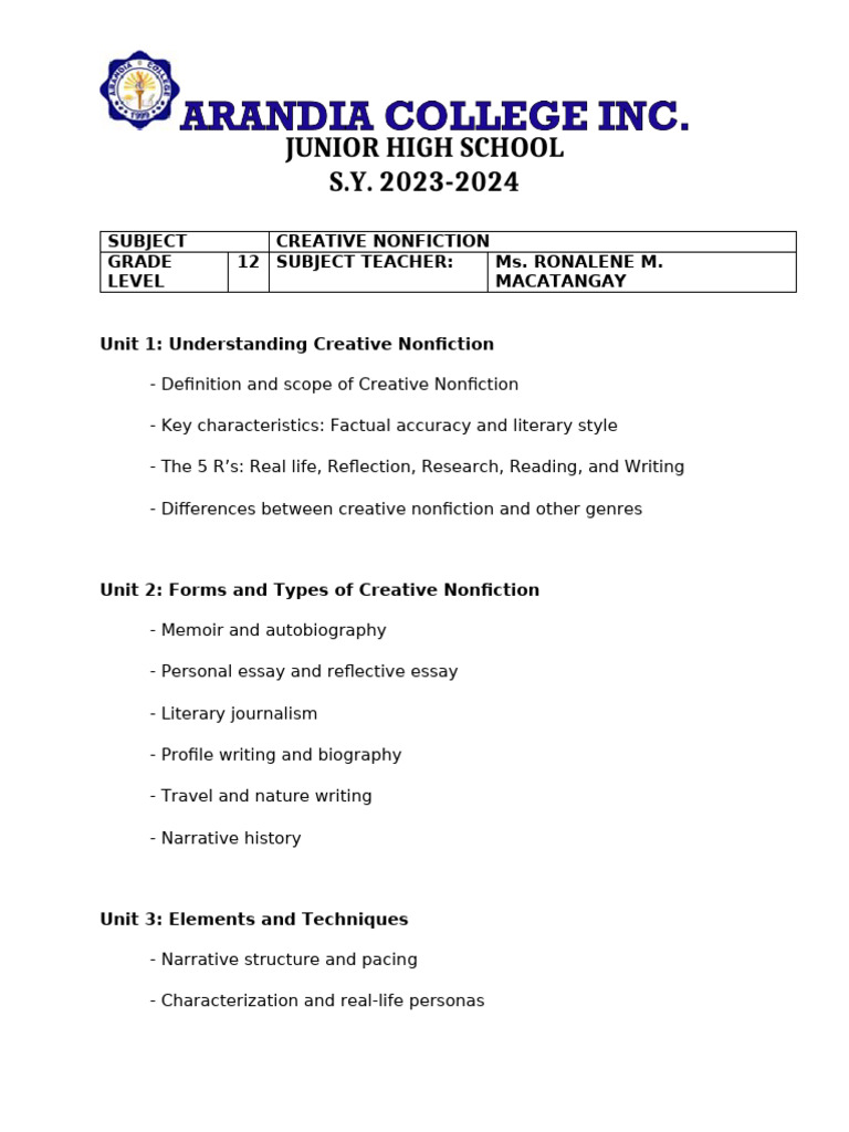 Creative Nonfiction Curriculum Guide | PDF | Creative Nonfiction | Writing