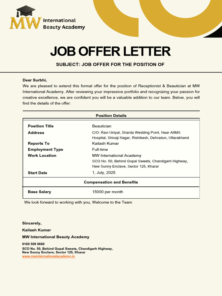 Job Offer for Receptionist & Beautician | PDF