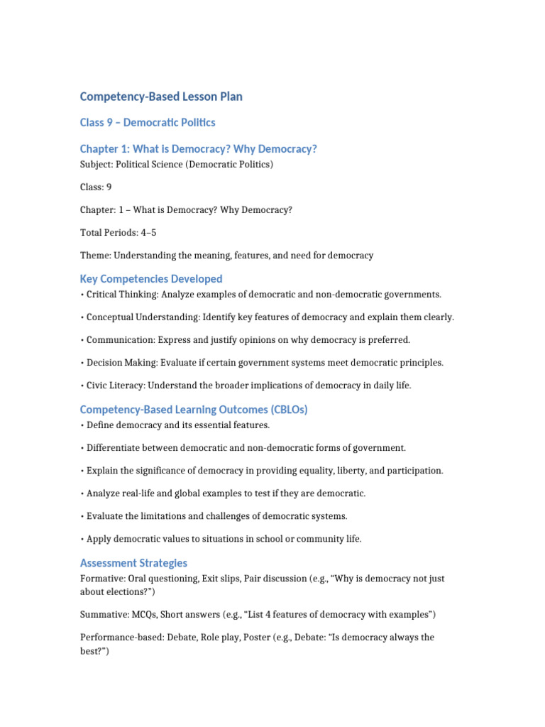 Lesson Plan: Understanding Democracy in Class 9 | PDF | Democracy ...