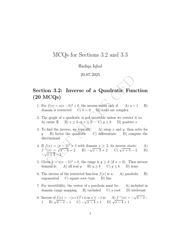 Inverse and Absolute Value of Quadratic Function | PDF | Quadratic ...