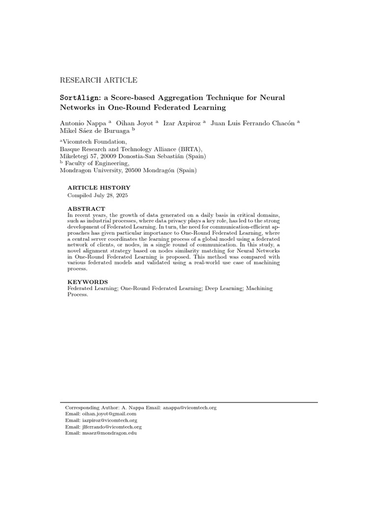 SortAlign: A Score-Based Aggregation Technique For Neural Networks in One-Round Federated ...