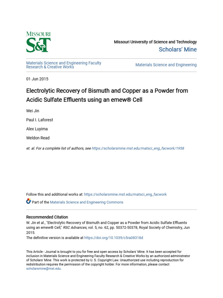 Bismuth and Copper Recovery via emew® Cell | PDF | Metals | Copper