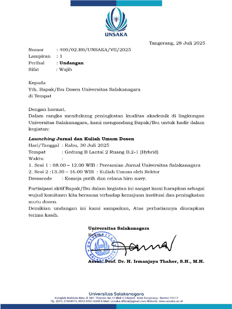 Undangan Launching Jurnal Dan Kuliah Umum Dosen UNSAKA | PDF