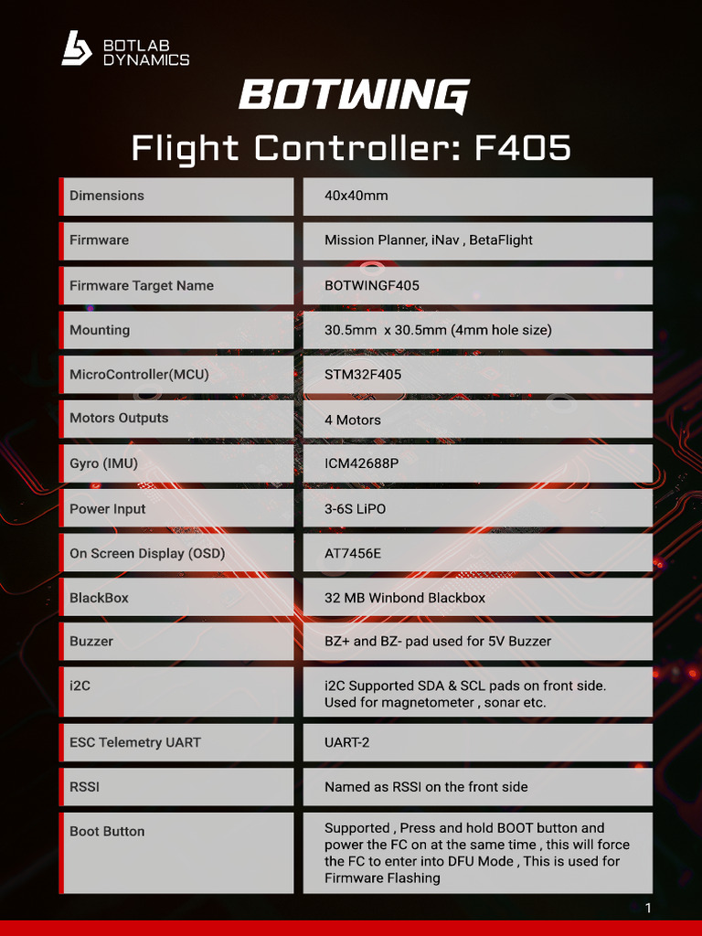 BOTWING F405 Flight Controller Specs | PDF | Microcontroller | Booting