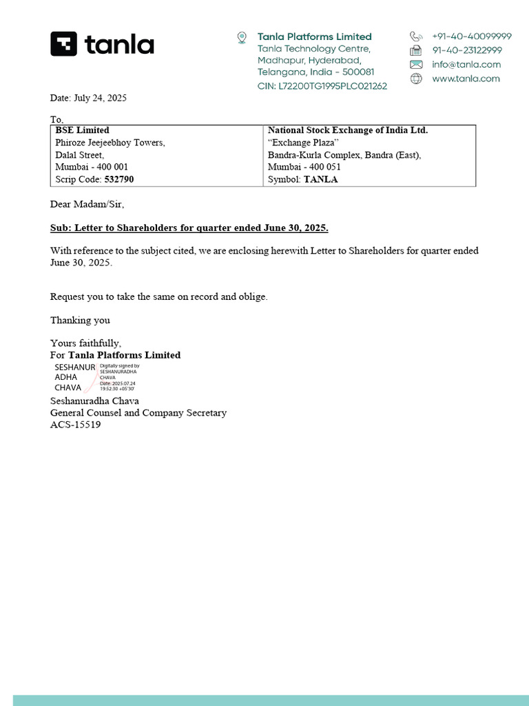 Sub: Letter To Shareholders For Quarter Ended June 30, 2025 | PDF | Innovation | Governance