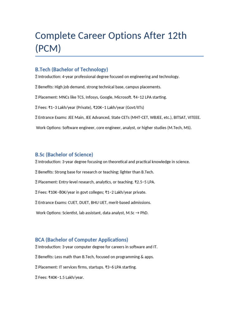 Career Paths After 12th PCM | PDF | Vocational Education | Qualifications