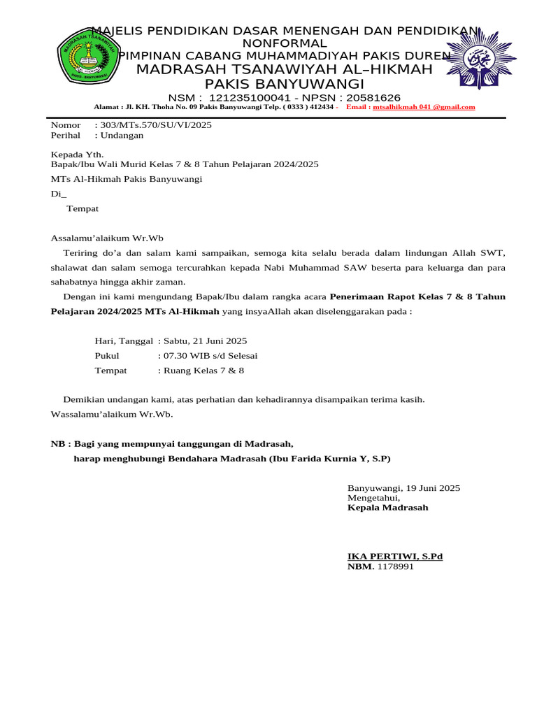 Undangan Penerimaan Rapot MTs Al-Hikmah | PDF