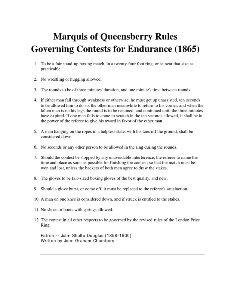 Marquis of Queensberry Rules of Boxing 1865