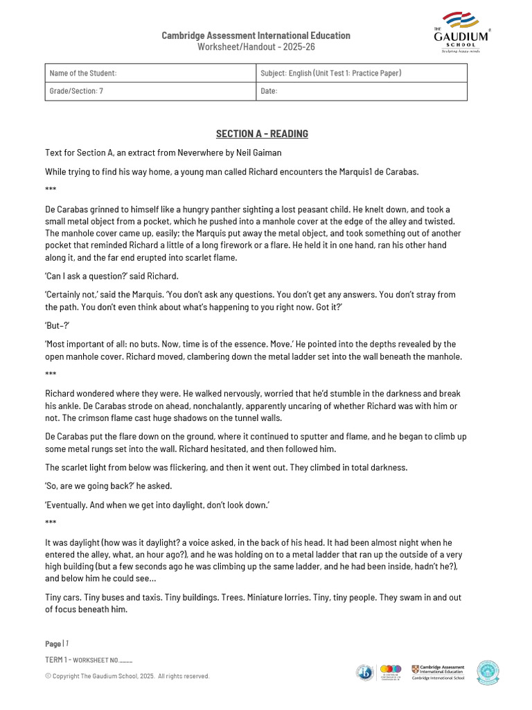 Grade 7 UT1 Practice Paper | PDF