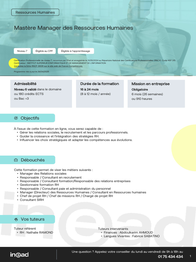 Mastère RH : Titre RNCP 39091 Niveau 7 | PDF | Gestion des ressources ...