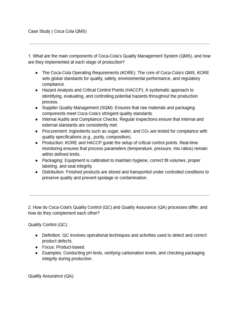Case Study (Coca Cola QMS) | PDF | Quality Assurance | Quality ...