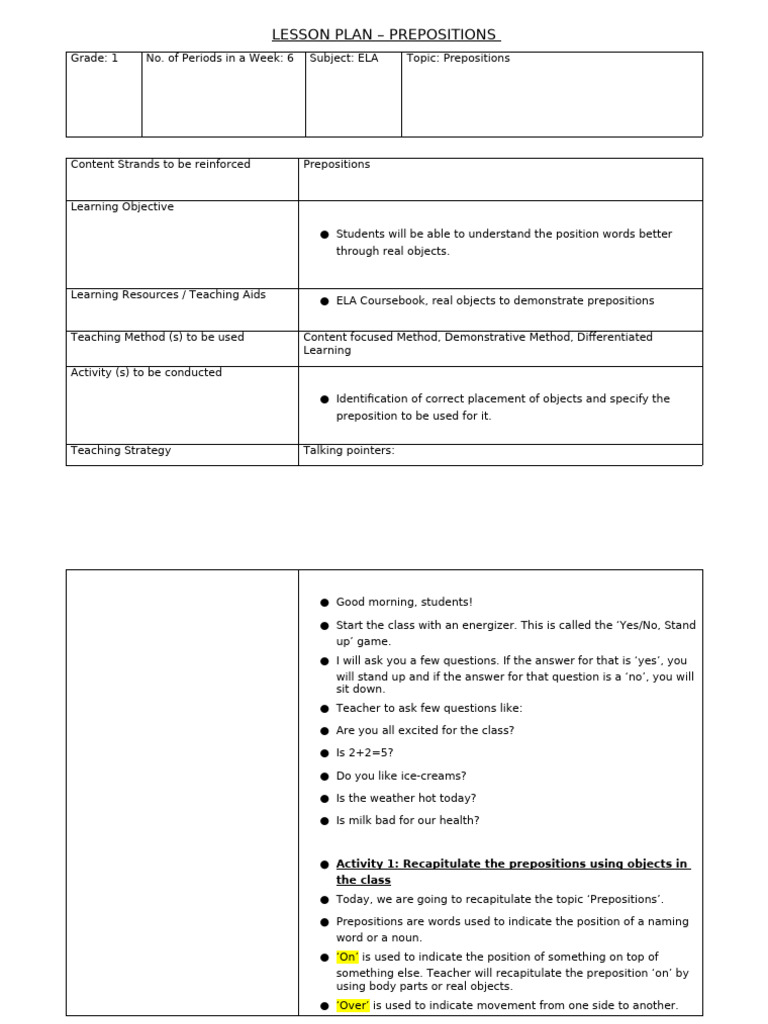 g1 Ela Lesson Plan Prepositions | PDF | Lesson Plan | Linguistics