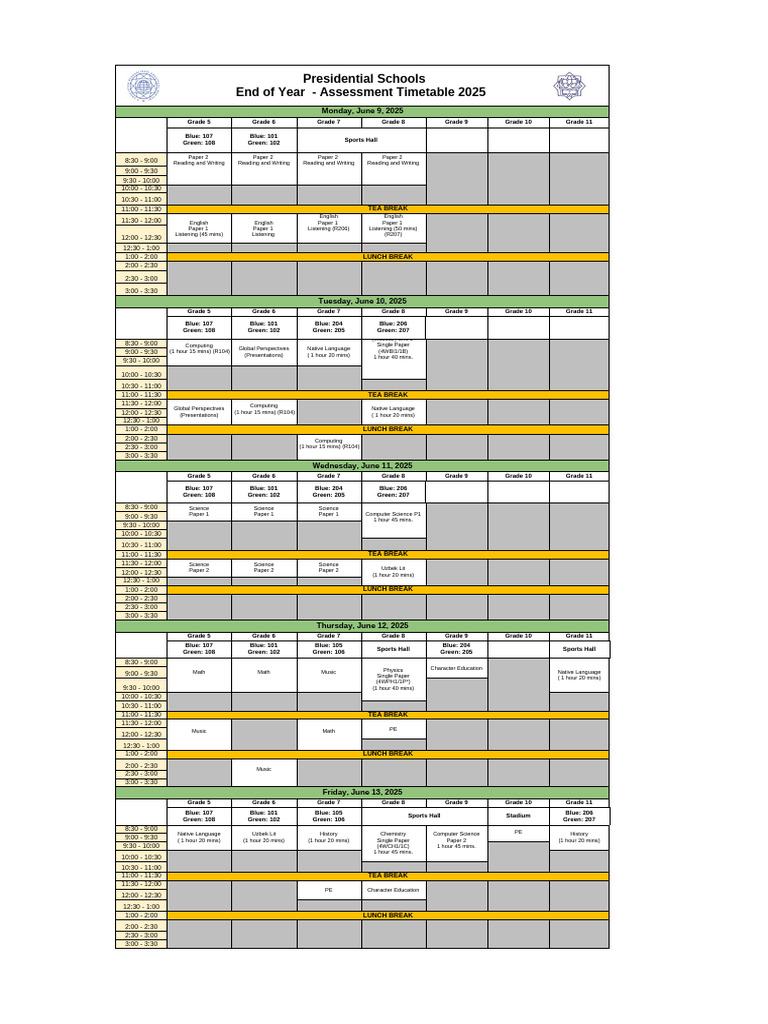 End Year Exam Timetable 2025 | PDF