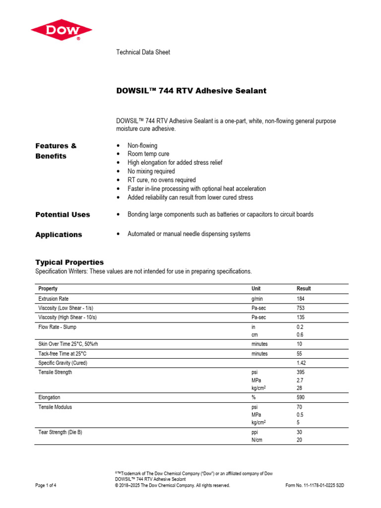 DOWSIL 744 RTV Adhesive Sealant Data | PDF | Adhesive | Silicone