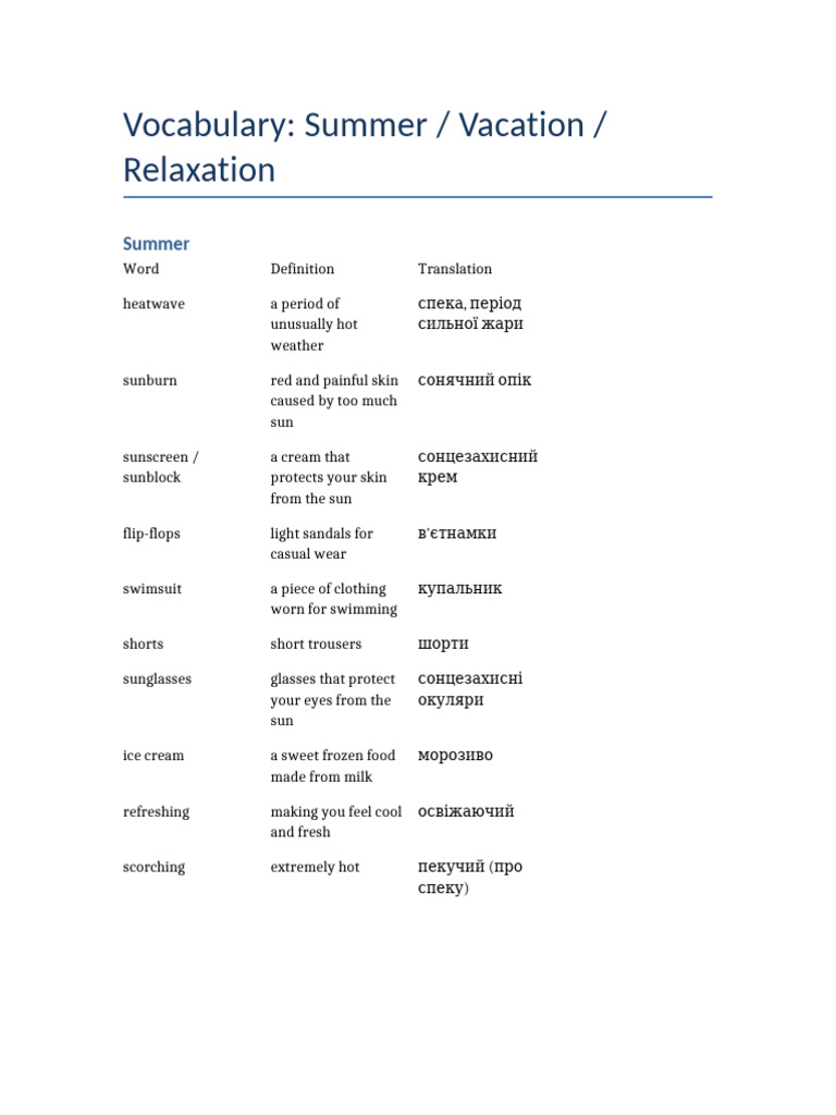 Summer Vacation Vocabulary | PDF | Clothing | Fashion