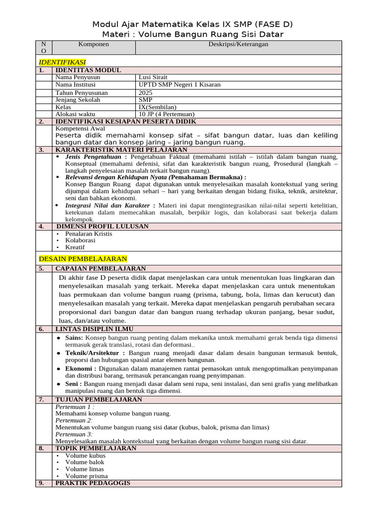 Modul Ajar Volume Bangun Ruang Kelas IX | PDF