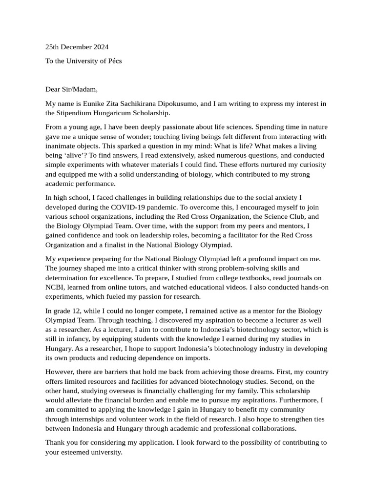 University of Pécs - Motivation Letter | PDF | Cognition | Learning