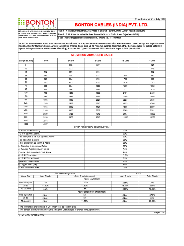 Bonton Armoured Cable Price List 2025 | PDF | Wire | Electrical Conductor
