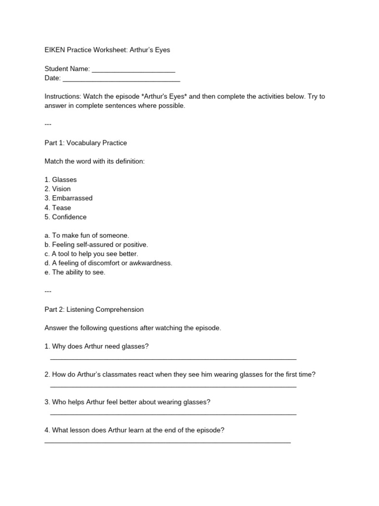 EIKEN Practice Worksheet - Arthur's Eyes | PDF | Glasses | Linguistics