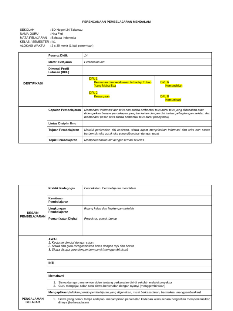 Template - RPP Pembelajaran Mendalam | PDF