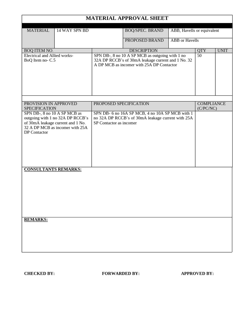 Material Approval Sheet: Consultants Remarks | PDF